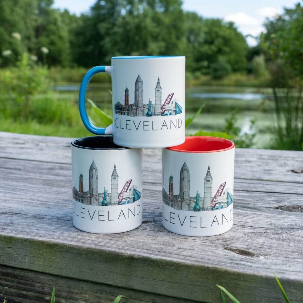 Cleveland skyline multi-color mug double-sided - The Cleveland Traveler